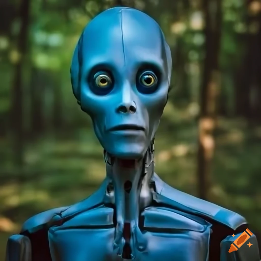 Alien robot man standing in a forest on Craiyon