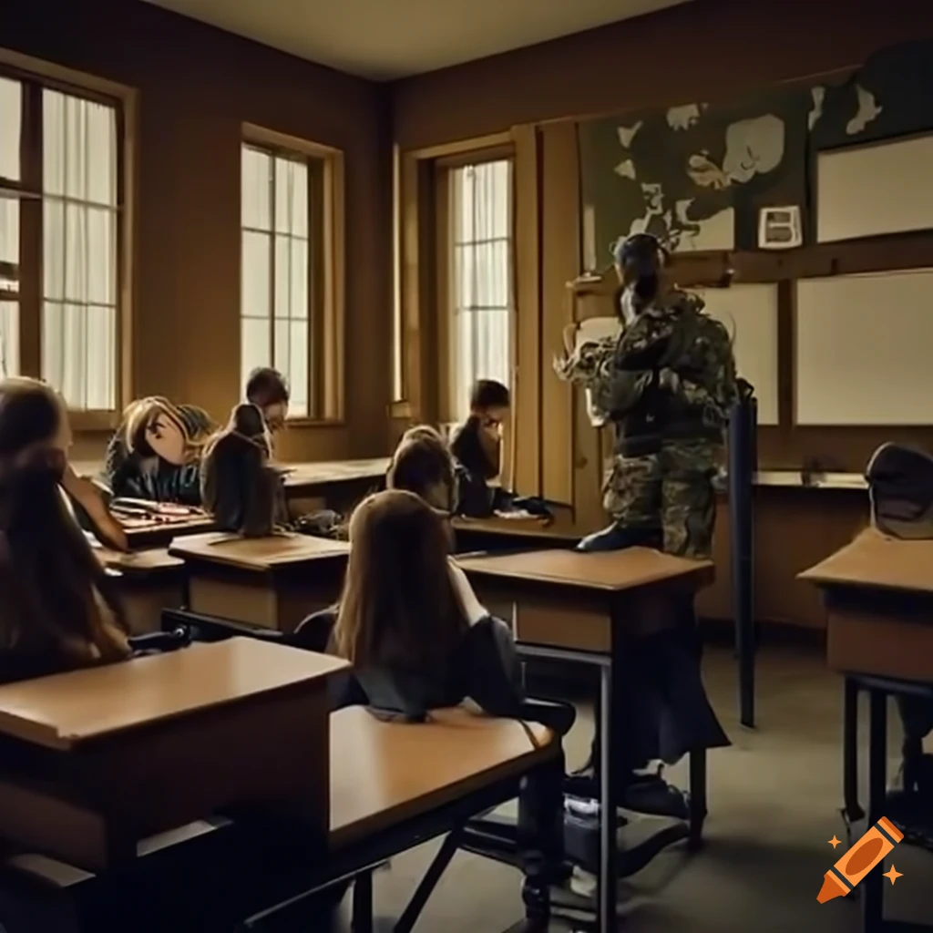 Classroom with military-themed decorations on Craiyon