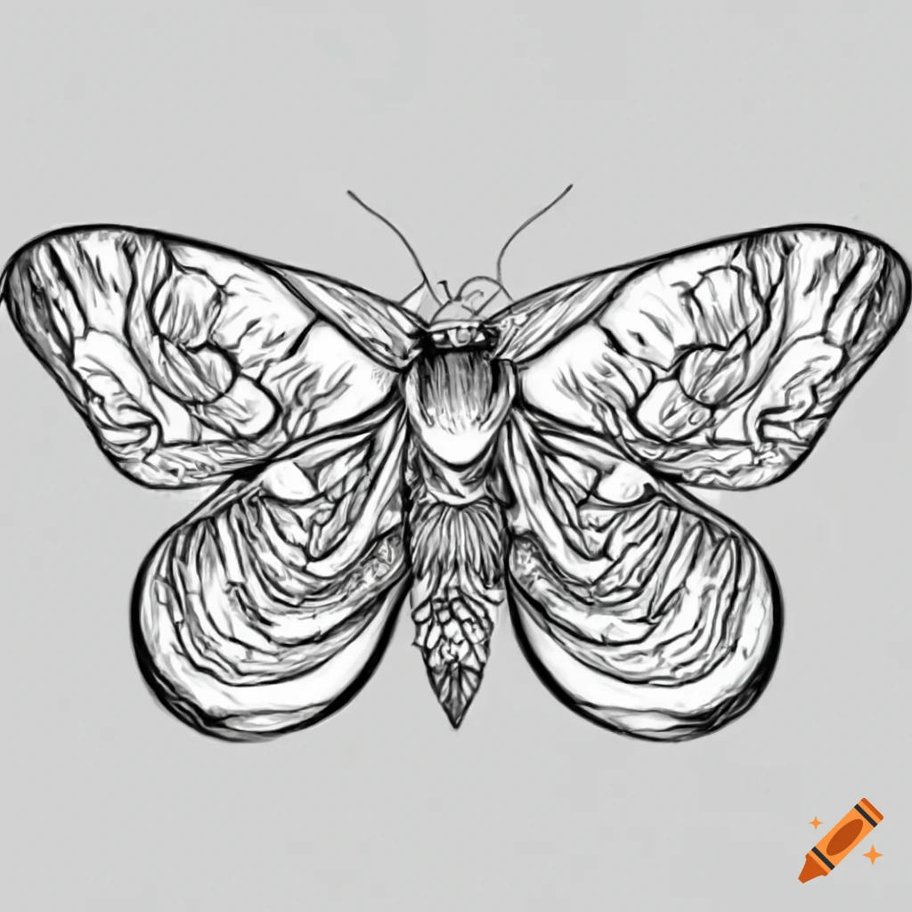 Line drawing of a yucca moth in coloring book style