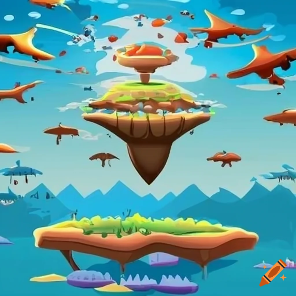 Cartoon illustration of floating islands