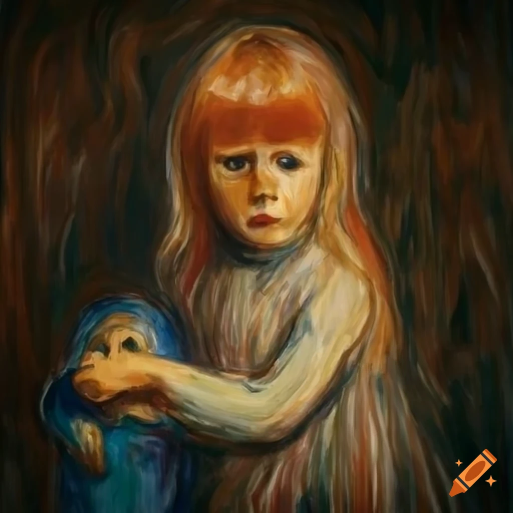 Artistic depiction of a sad child with a doll on Craiyon