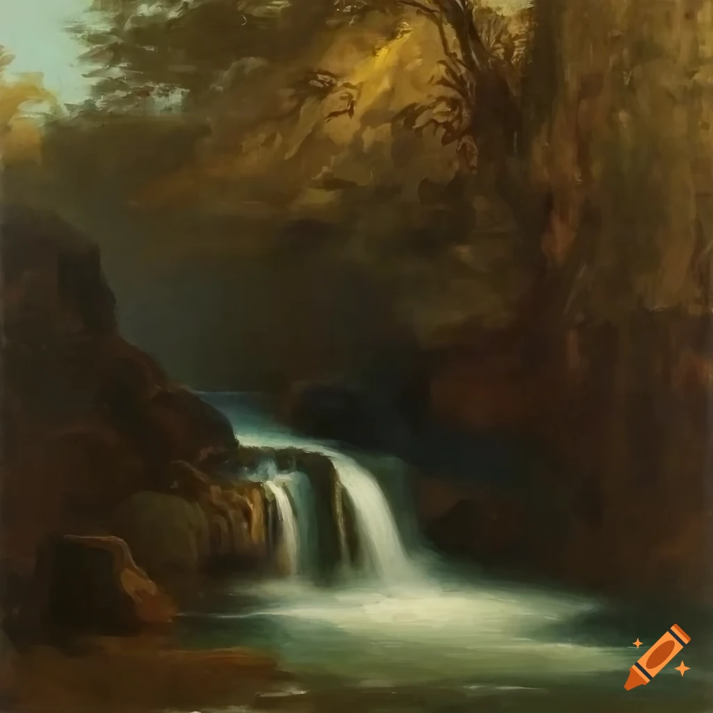 Landscape oil painting with small waterfall at dawn