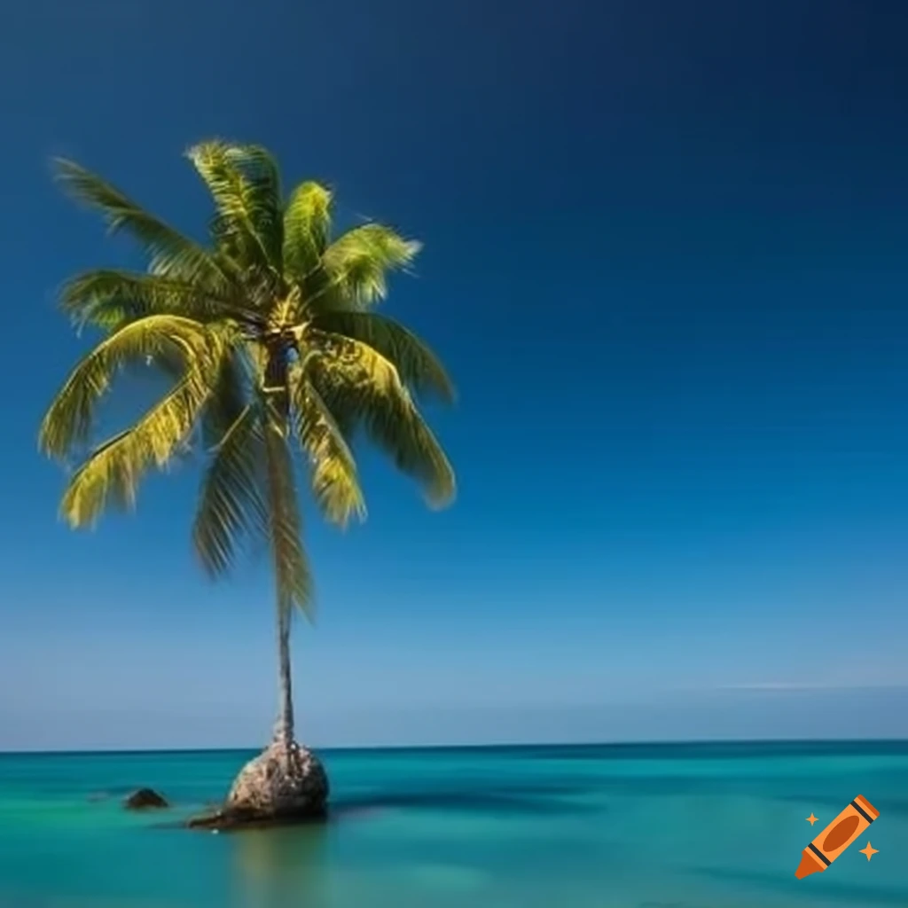 Palm tree on a small island surrounded by crystal clear blue water on ...