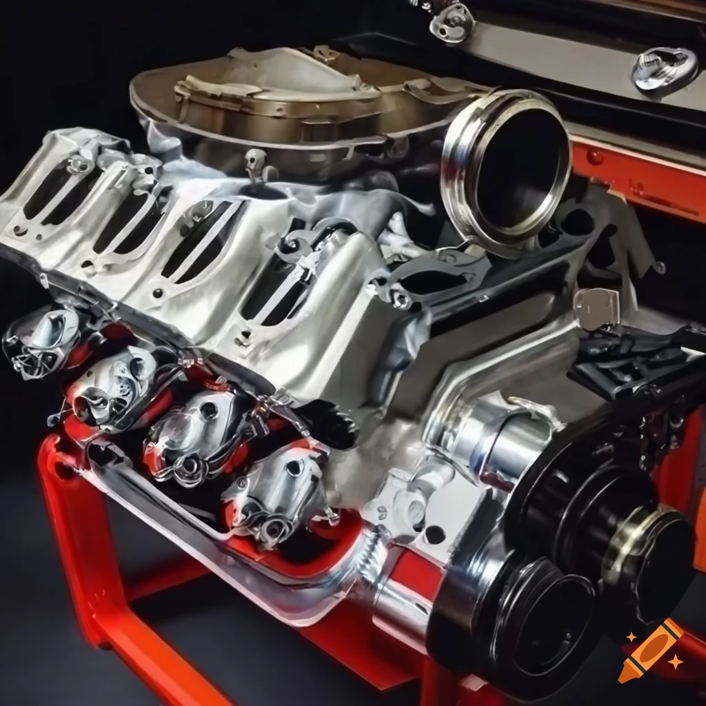 High-performance twin-turbo engine on engine stand
