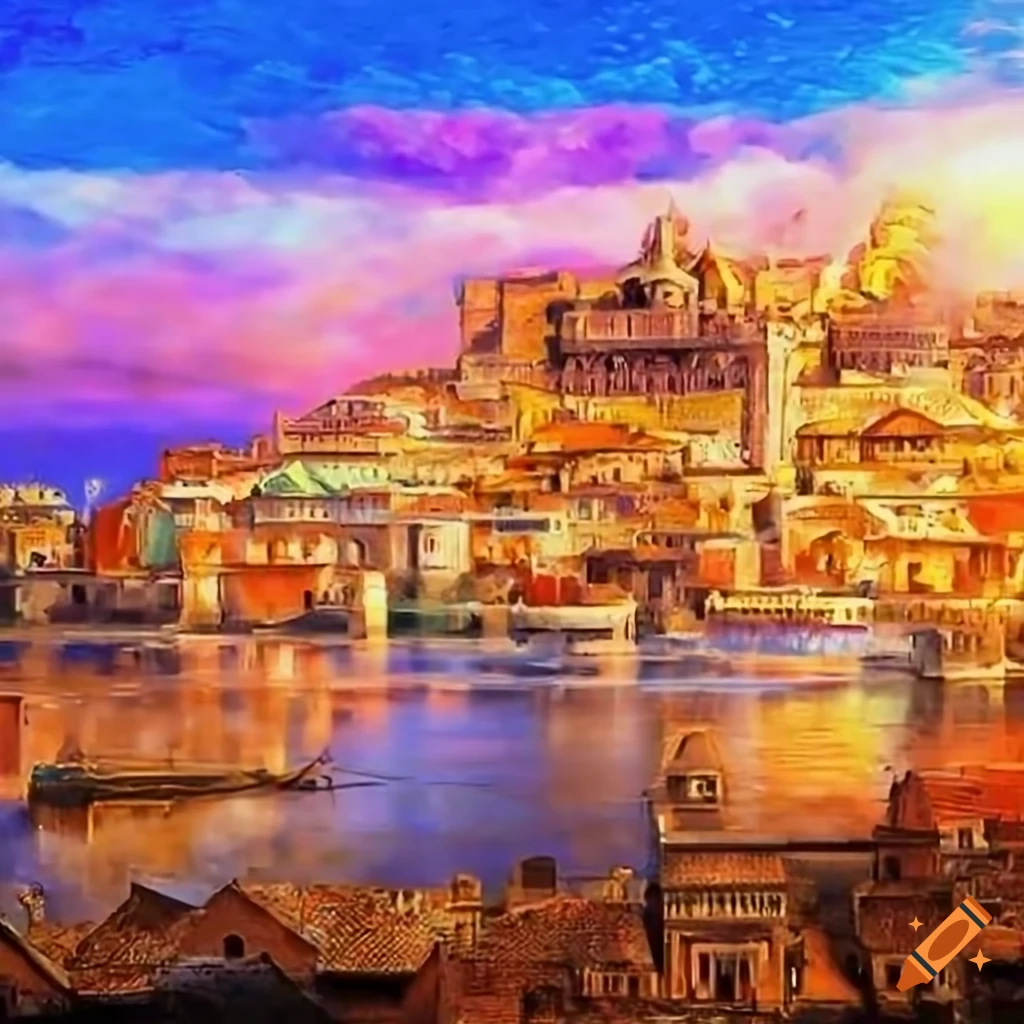 Colorful painting of a Roman city overlooking the sea on Craiyon