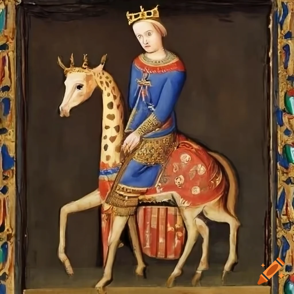Painting of a french king riding a giraffe on Craiyon