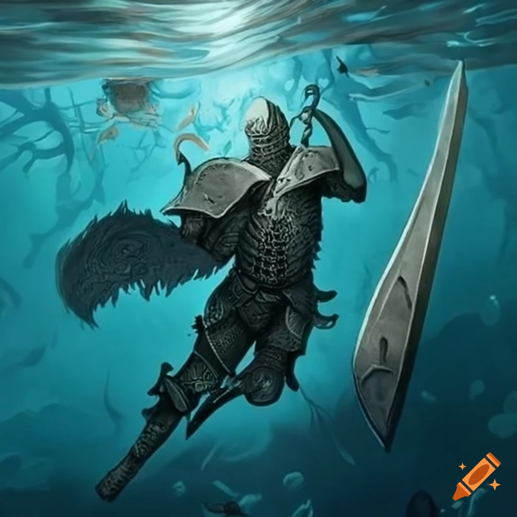 Dnd knight underwater with sword and shield
