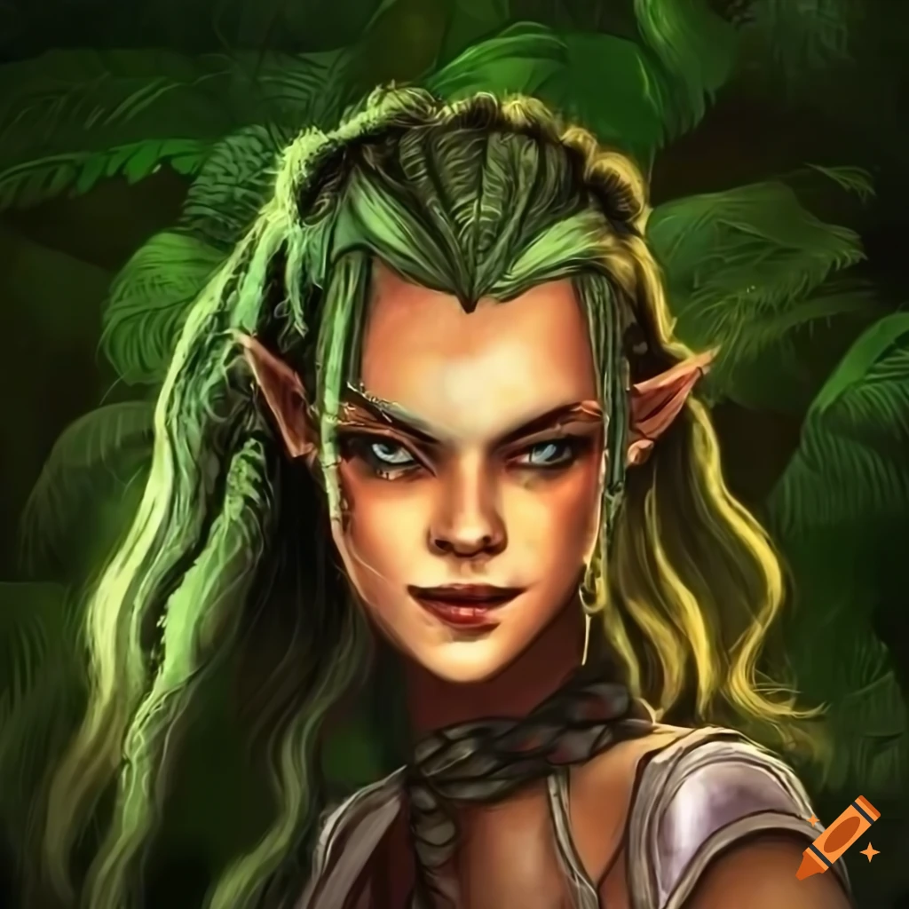 Image of a fierce vastaya with blond french braid in a lush jungle on ...