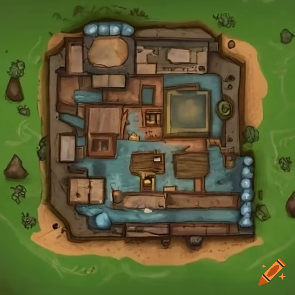 Highly detailed top-down DND battle map of a village on Craiyon