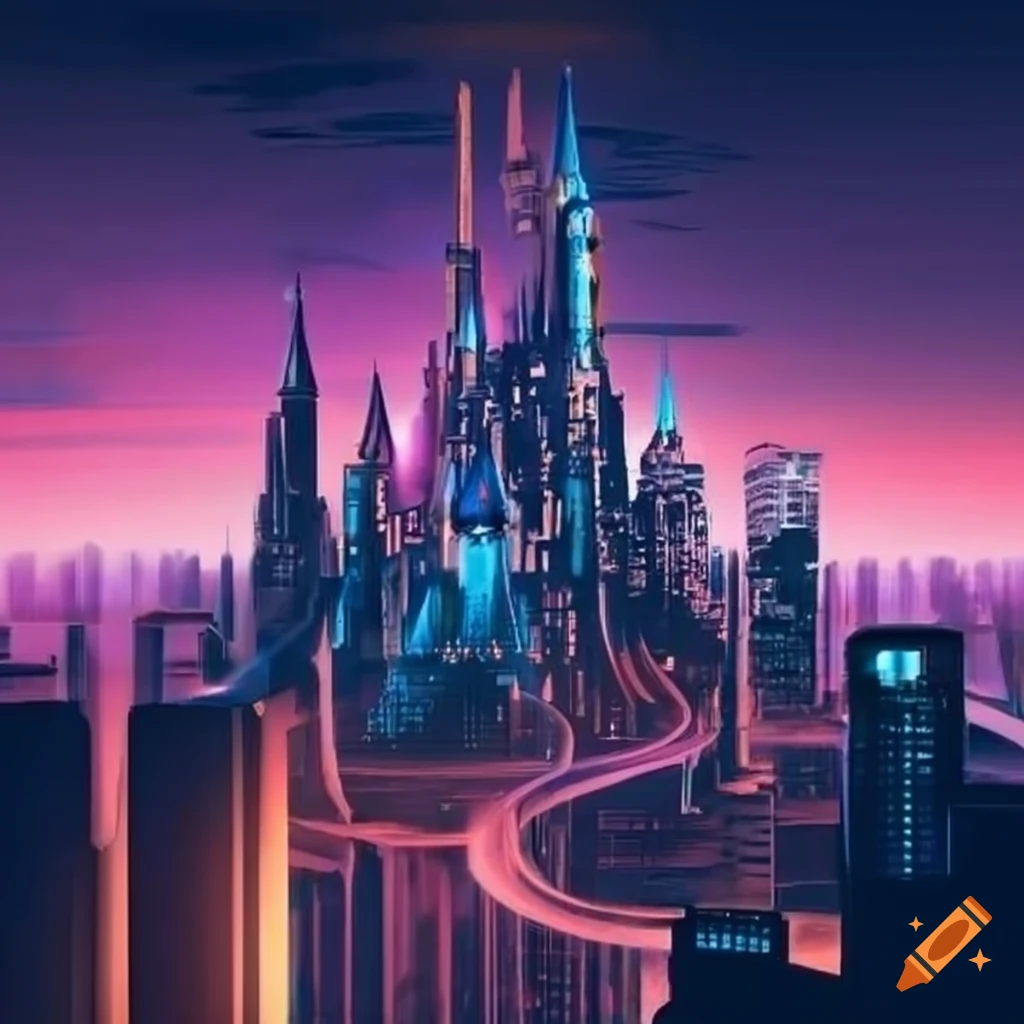 Futuristic cityscape with neon lights and modern castle