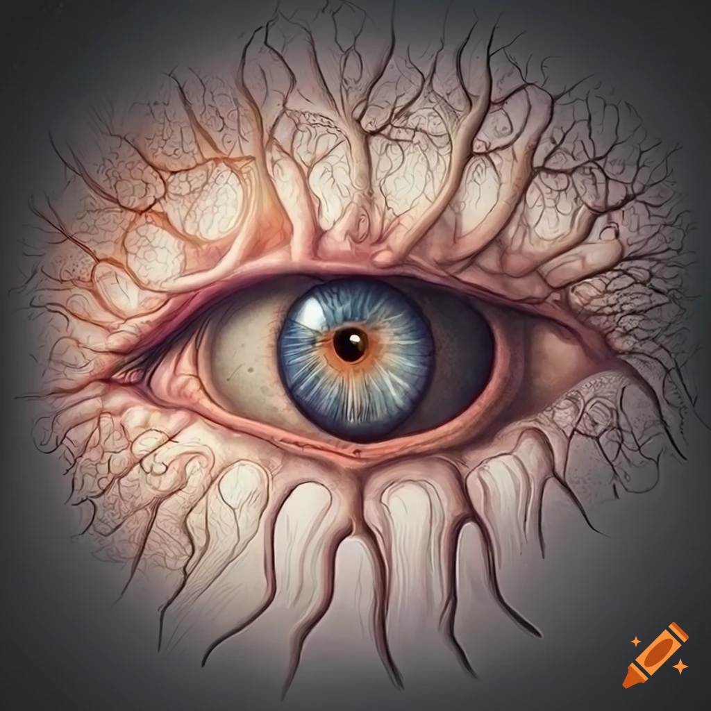 Surreal macabre raptor eyeball with teeth illustration on Craiyon