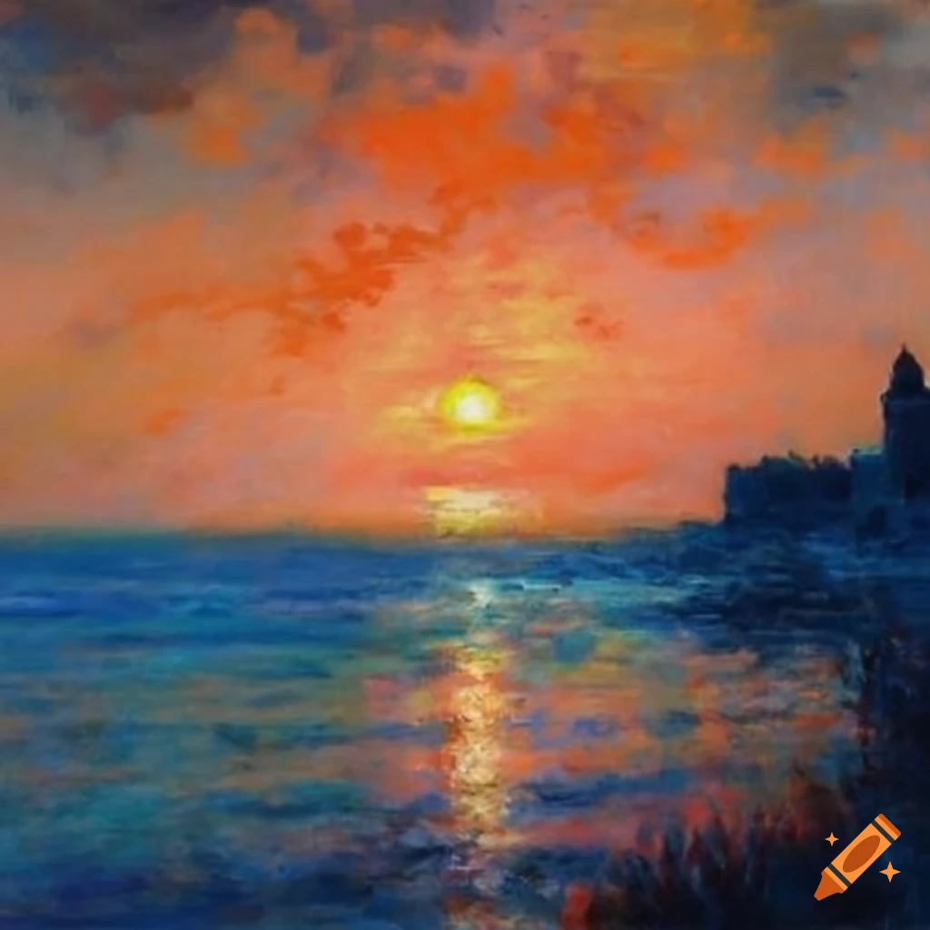 Impressionist painting of a seascape with boats and town on Craiyon