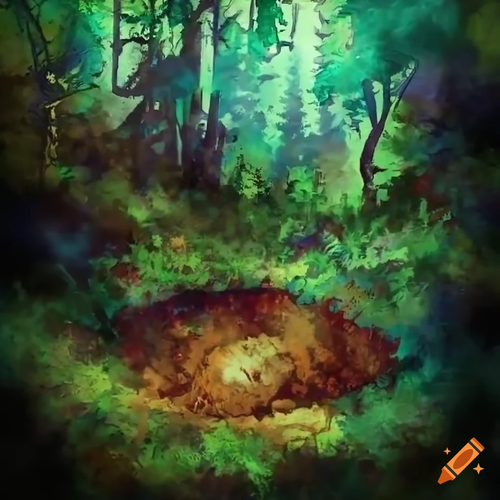 D&D map of a forest clearing with a mysterious pit on Craiyon