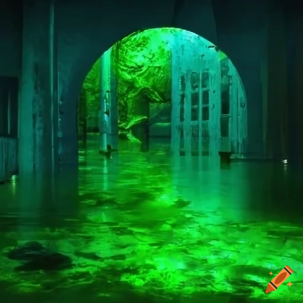 Scifi toxic waste plant with green rivers and metal walls on Craiyon