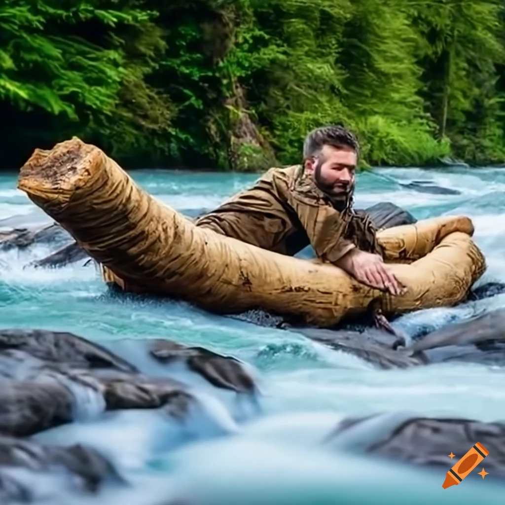 Man in a makeshift raft steering through rapids on Craiyon