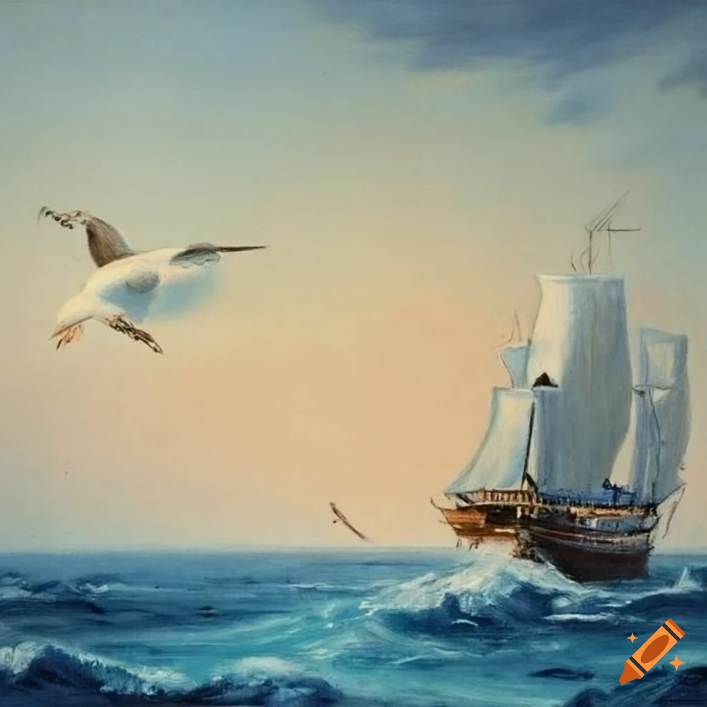 Pastel painting of an albatross flying over a ship on the sea on Craiyon