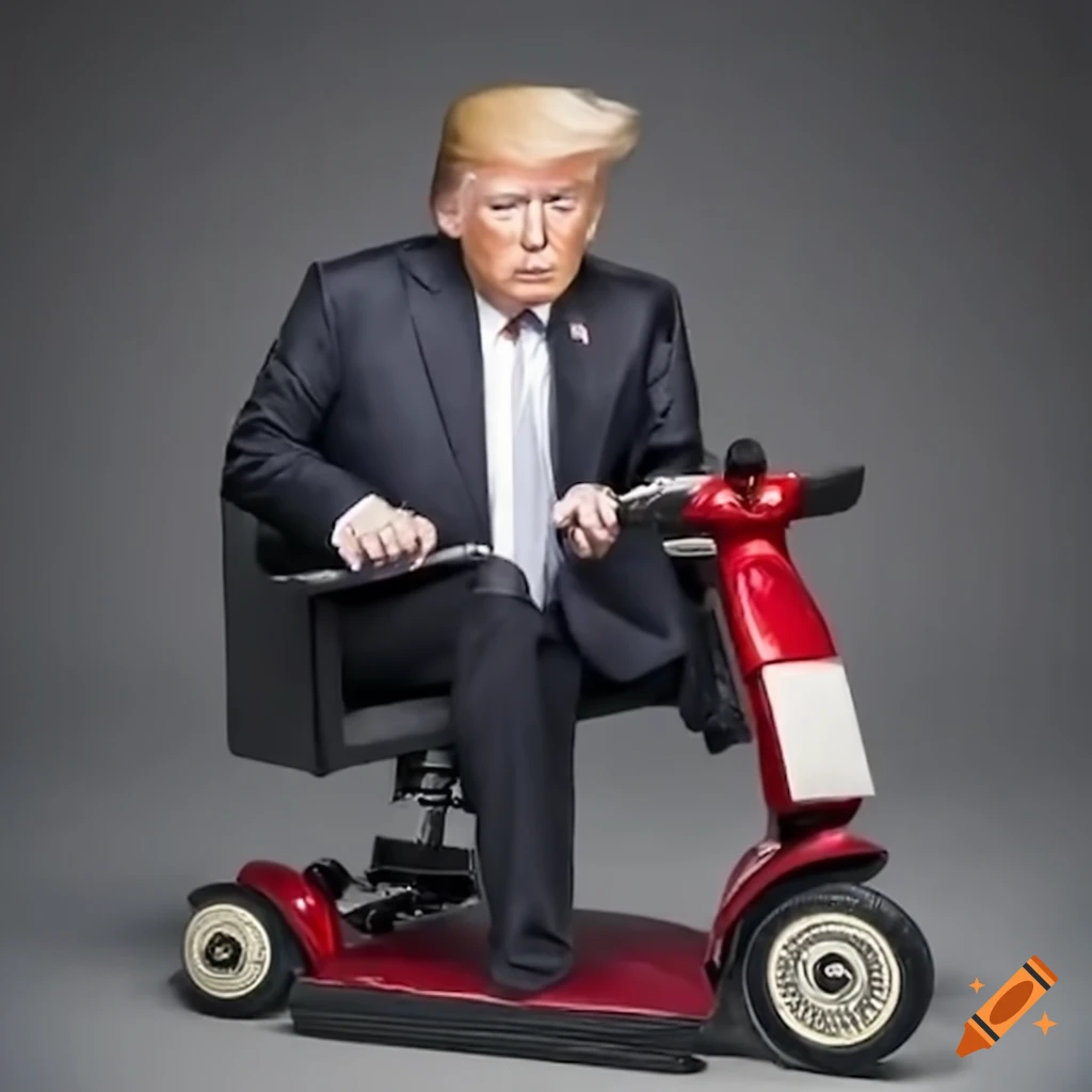 Cartoon of trump on a mobility scooter in court on Craiyon