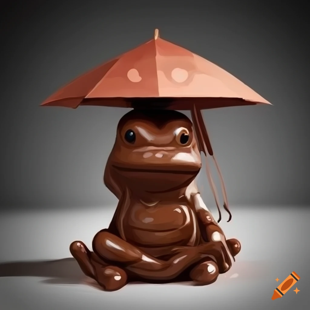 Artwork of a chocolate frog monk with an umbrella hat on Craiyon