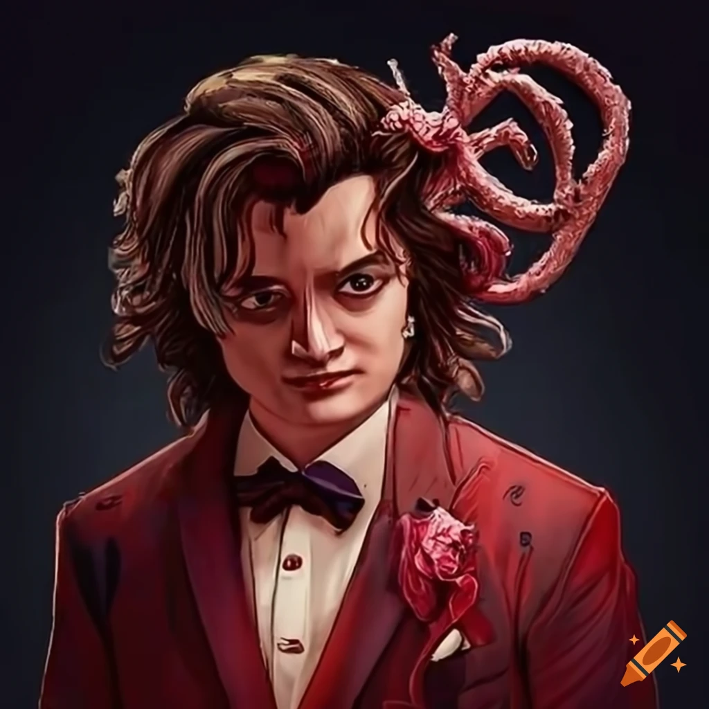 Etching of steve harrington in a dramatic pose on Craiyon