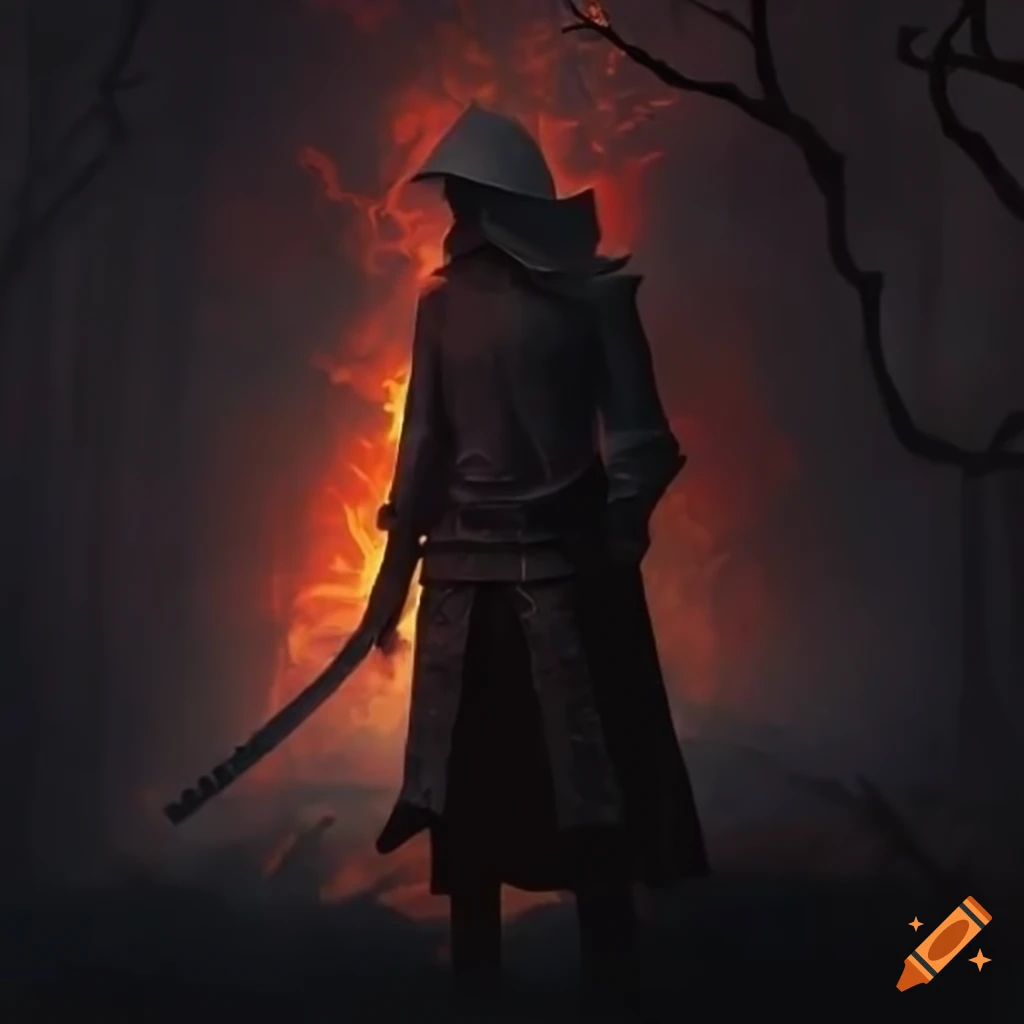 Realistic image of a shadow hunter wielding a katana in a fiery forest ...