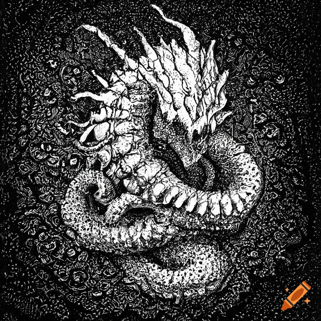 Mystic dragon dots portrait in black and white inkdrawing on Craiyon