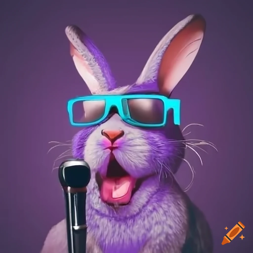 Purple rabbit wearing blue glasses singing on Craiyon