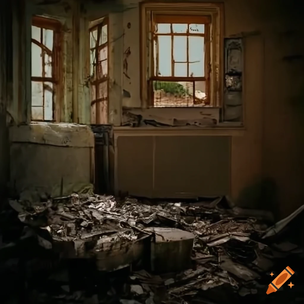 Close-up of peeling concert posters on an abandoned wall with green tones and broken glass ...