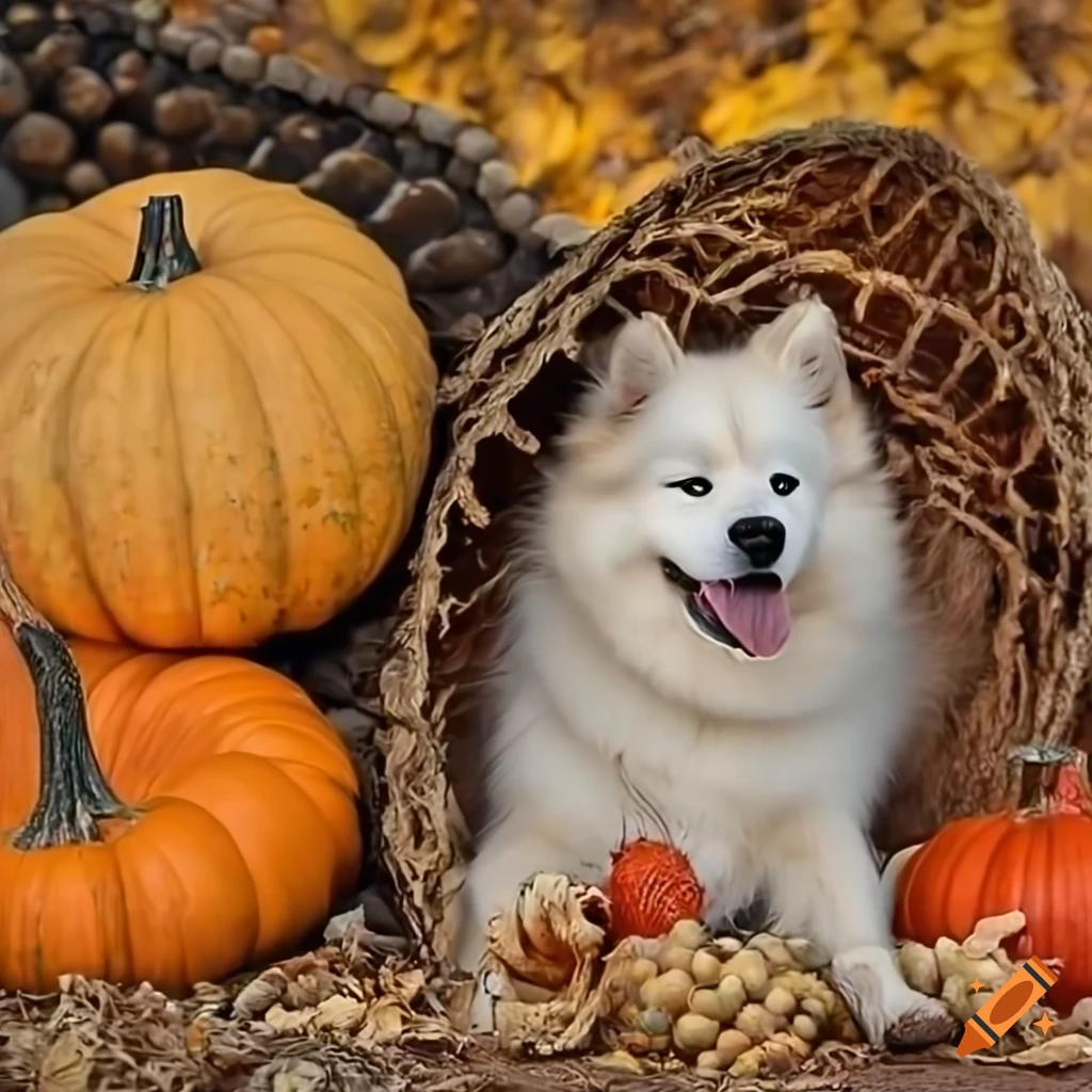 Samoyed dog in a cornucopia surrounded by autumnal corn and pumpkins on ...