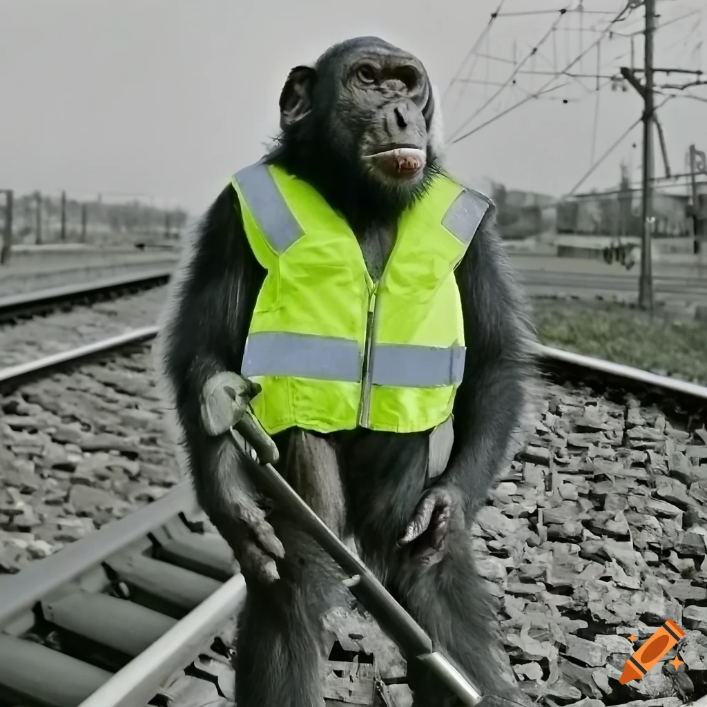 Chimpanzee wearing a reflective vest and holding a wrench on Craiyon