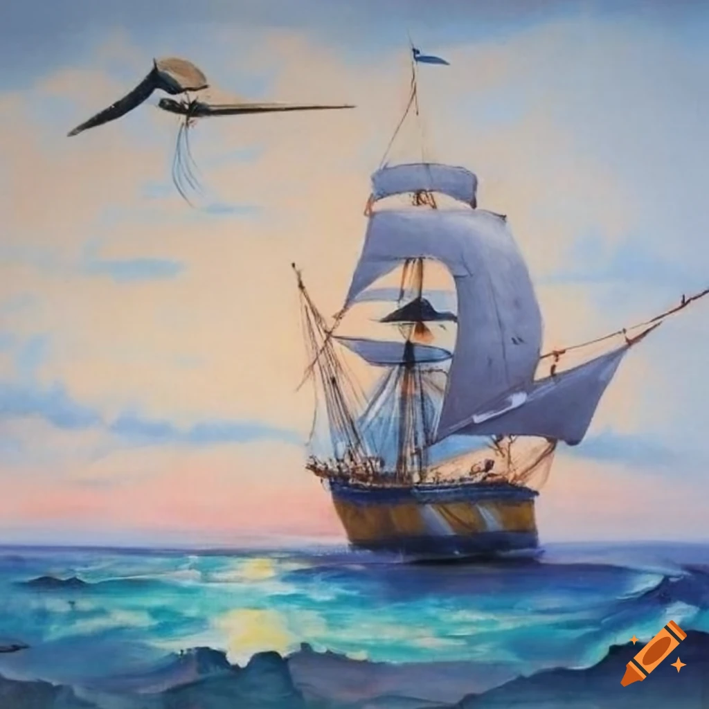 19th century painting of an albatross flying above a ship at sea on Craiyon