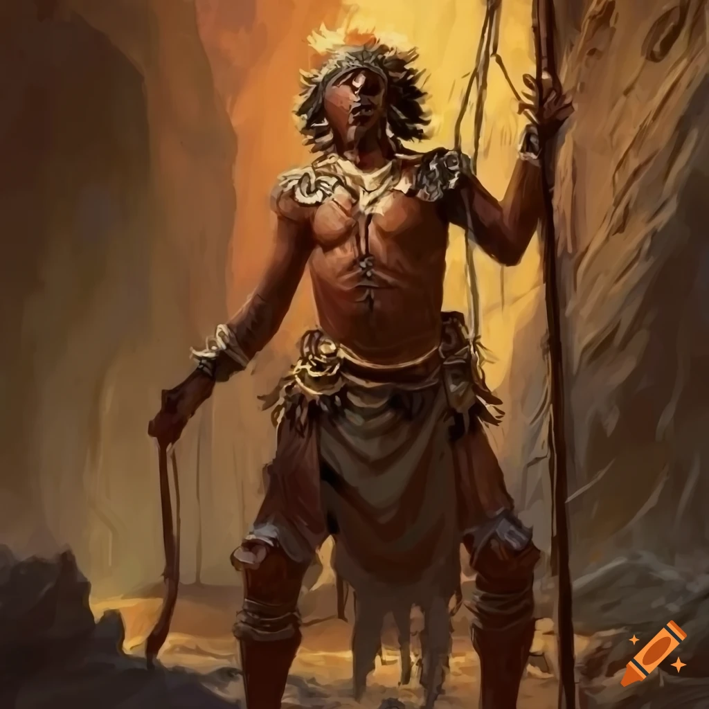 Bushman warrior in bronze age inspired costume on Craiyon