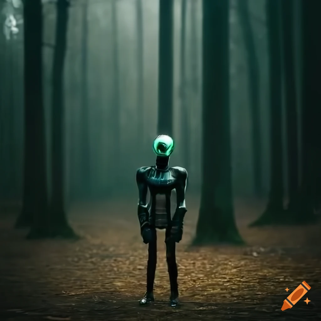 Alien robot man standing in a forest on Craiyon