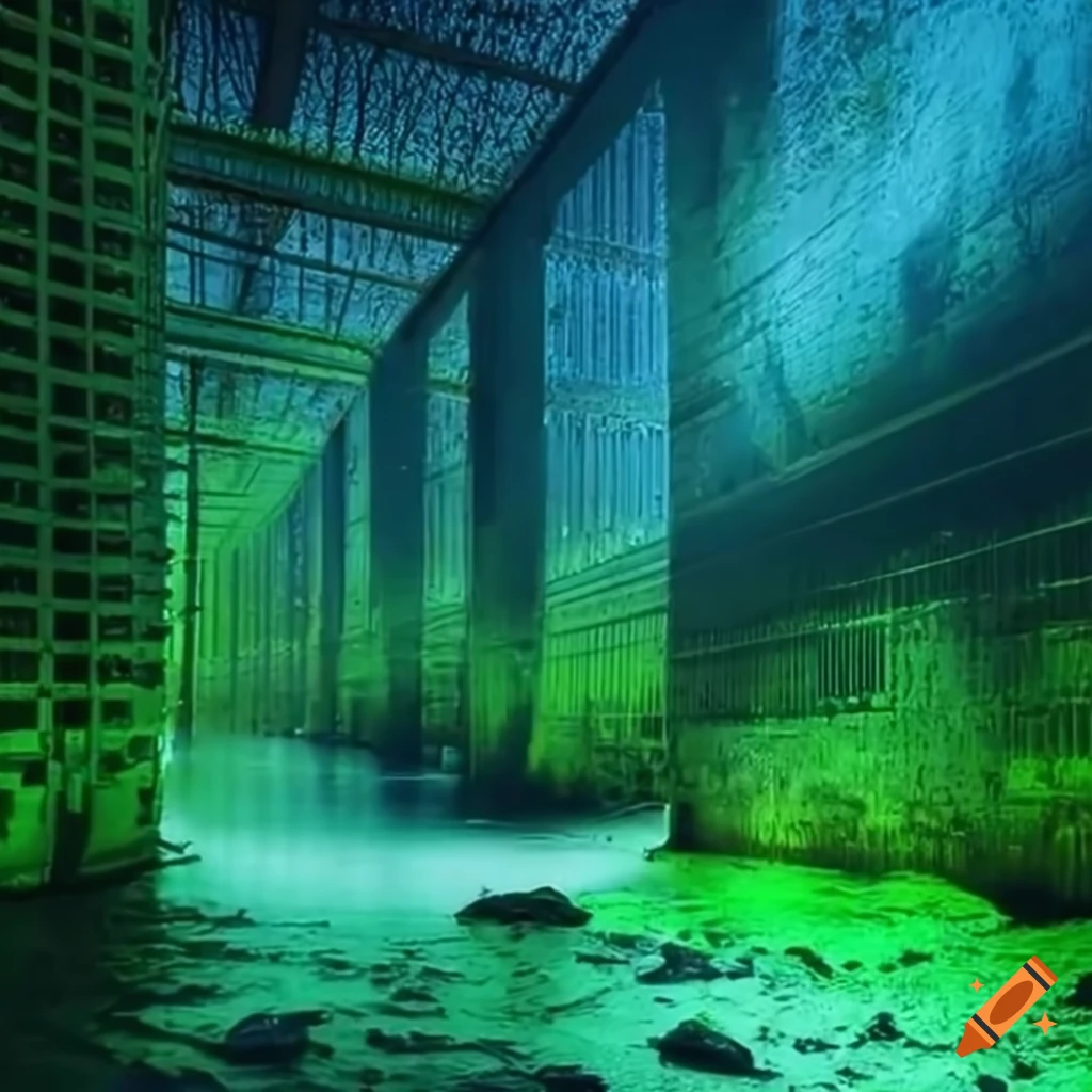 Scifi toxic waste plant with green rivers and metal walls on Craiyon
