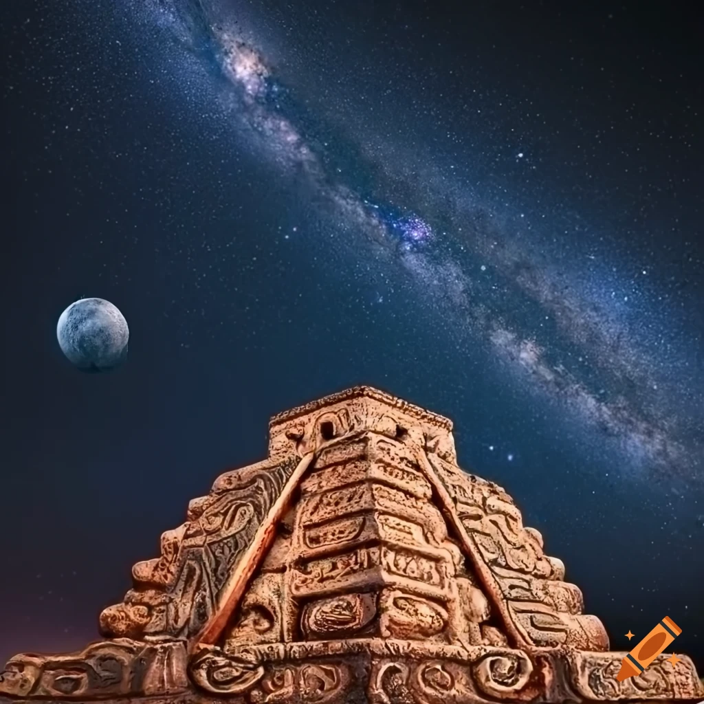 Offering at a mayan pyramid complex with the presence of god in pre ...
