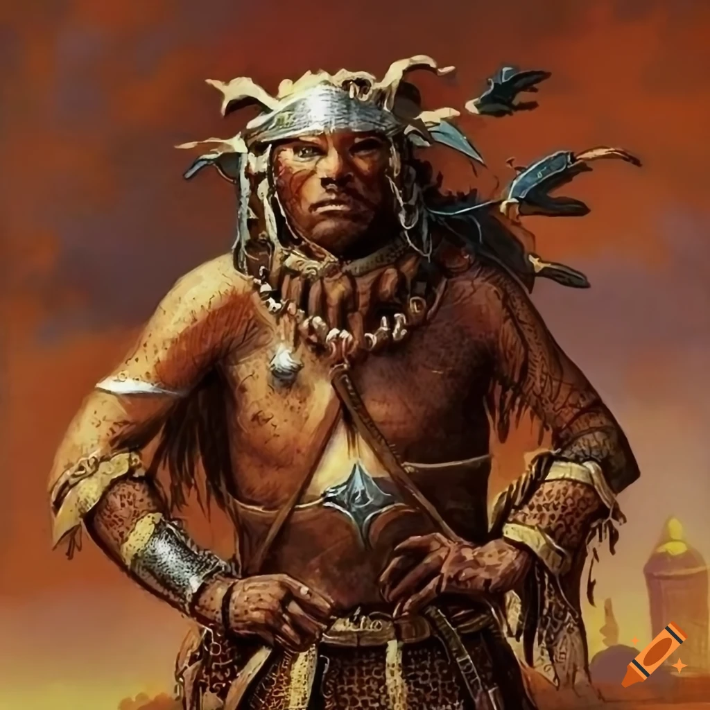 Fantasy artwork of a Bushman warrior in intricate armor on Craiyon