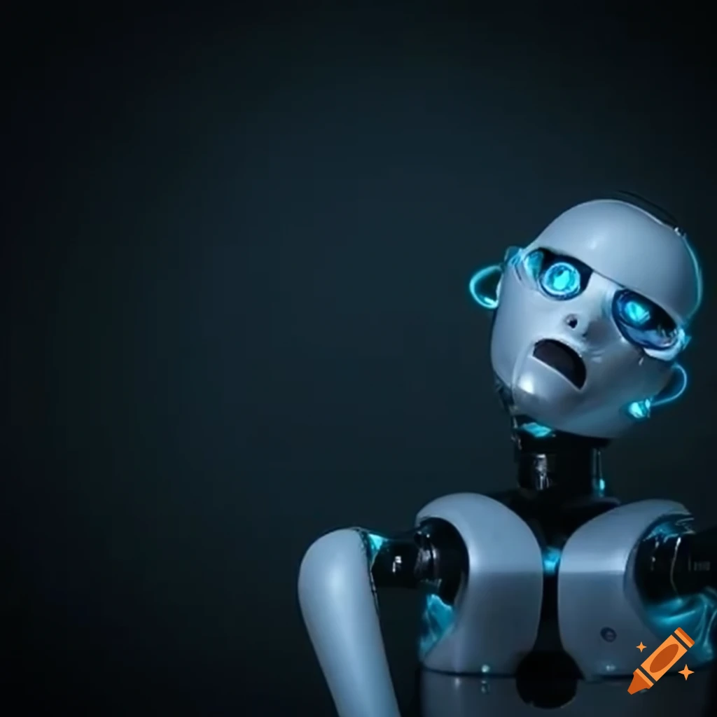 Detailed human robot with moving face in a forest with metal background ...