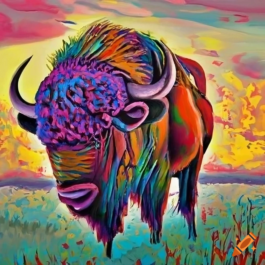 Acrylic painting of a vibrant bison in north american indian style
