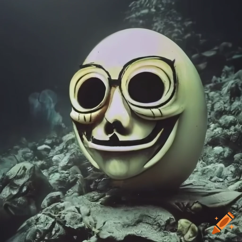 Sculpture of an anonymous mask skull made of recycled materials on Craiyon