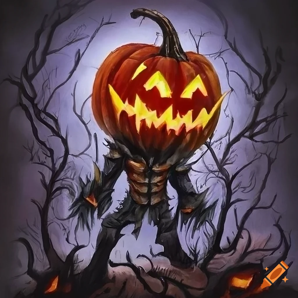 Dark fantasy art of a menacing halloween pumpkin