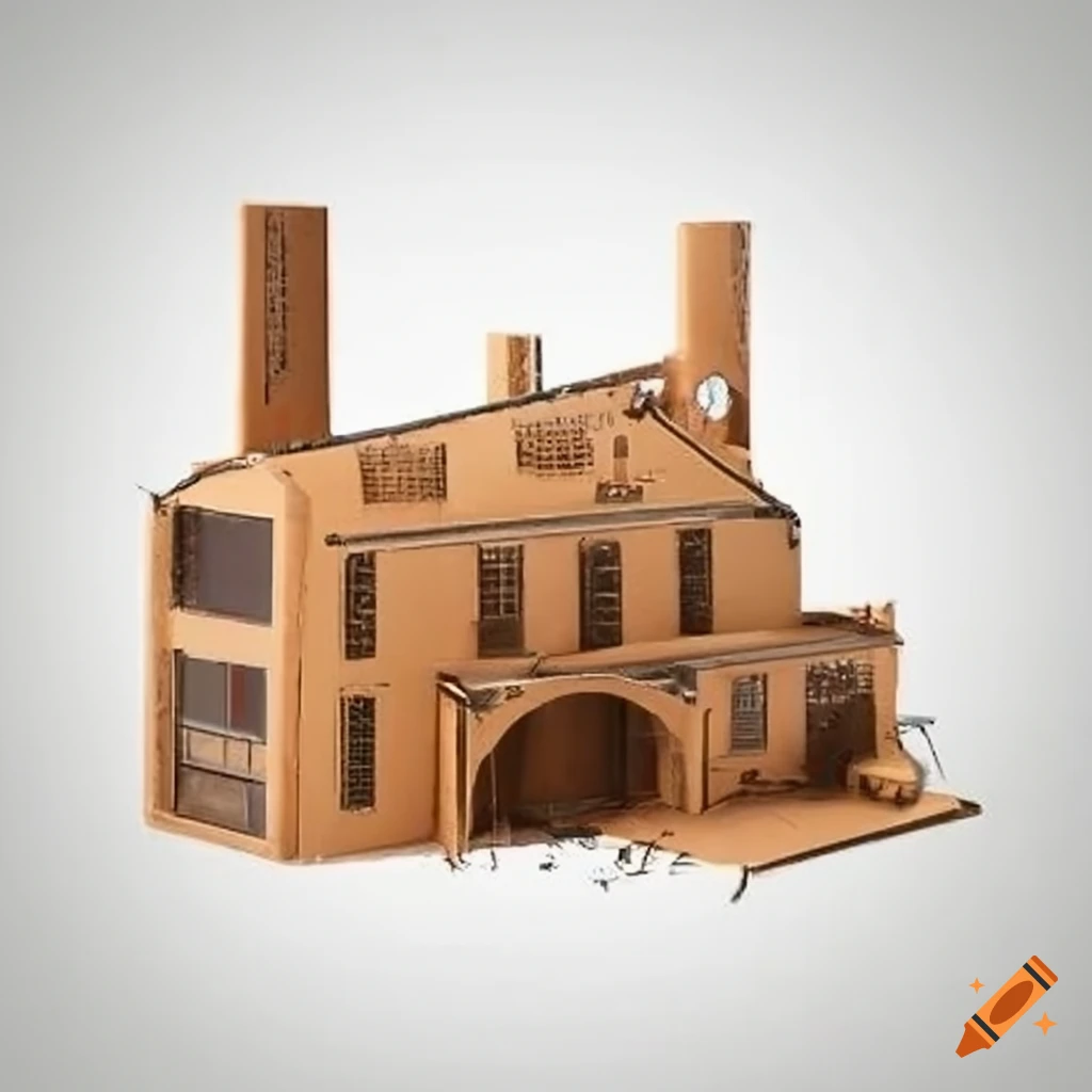 Artistic representation of a factory made from cardboard on Craiyon