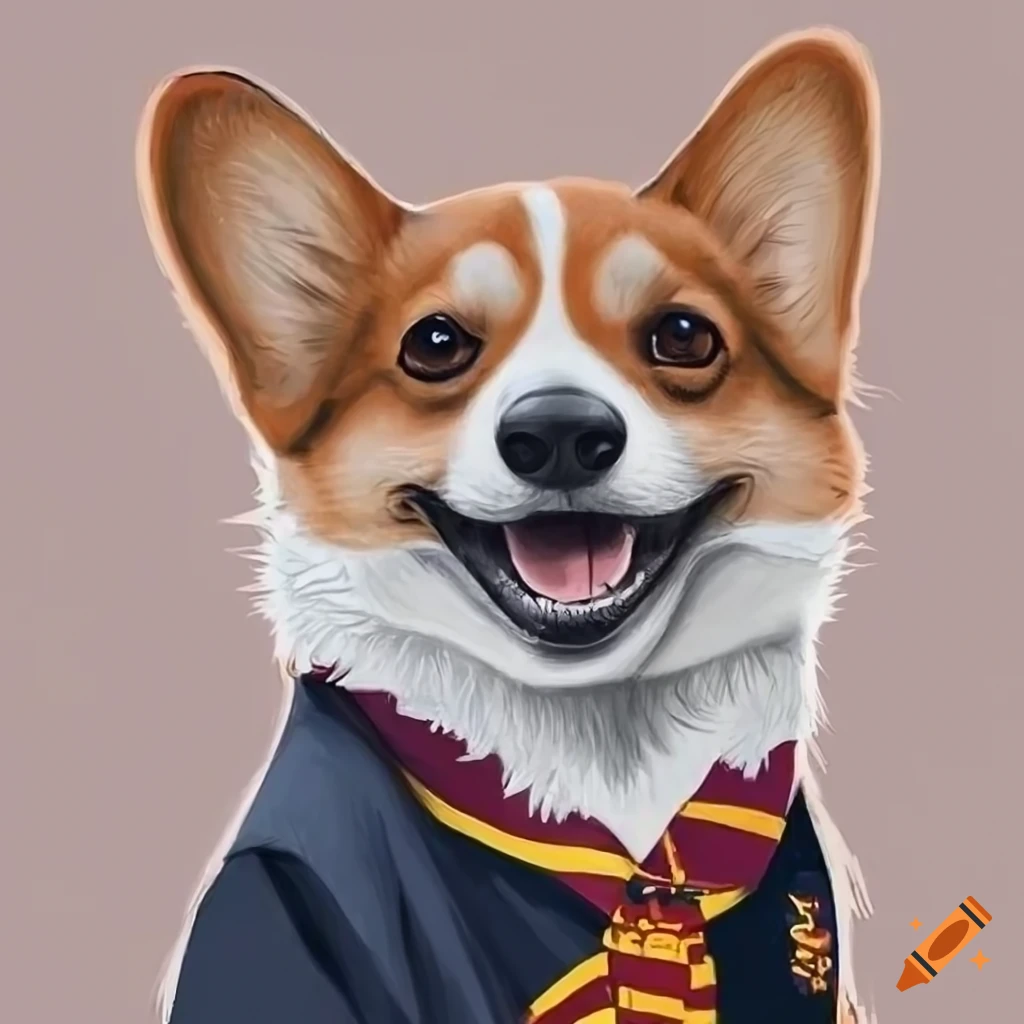 Detailed drawing of a baby corgi in gryffindor uniform on Craiyon