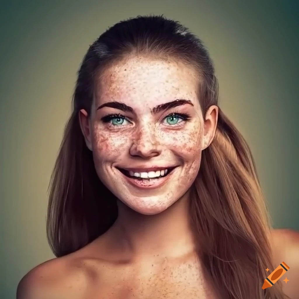 Freckled young woman with a beautiful smile on Craiyon