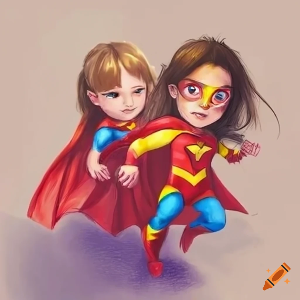 Child's drawing of two sisters playing superheroes