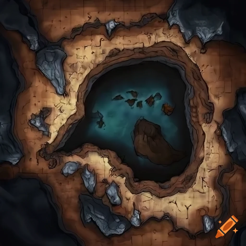 D&d top down battlemap battle map fantasy map of a mine cavern with purple gemstones, a large ...