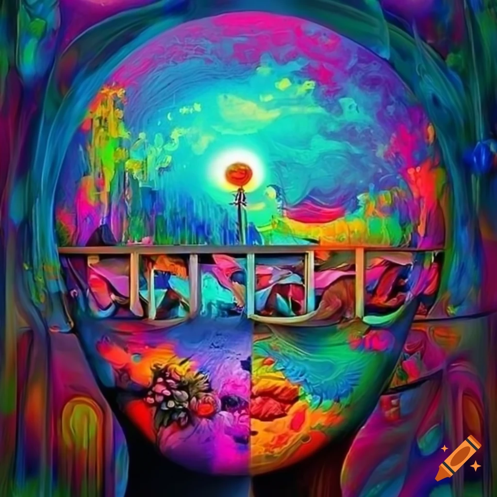 Vivid illustration of a person in a trippy bedroom on Craiyon