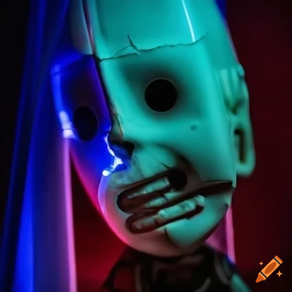 Artistic illustration of a broken robot boy with a music machine