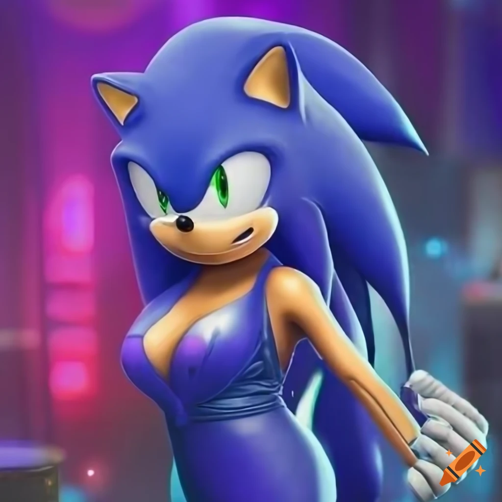 Female sonic the hedgehog in a blue dress at a nightclub