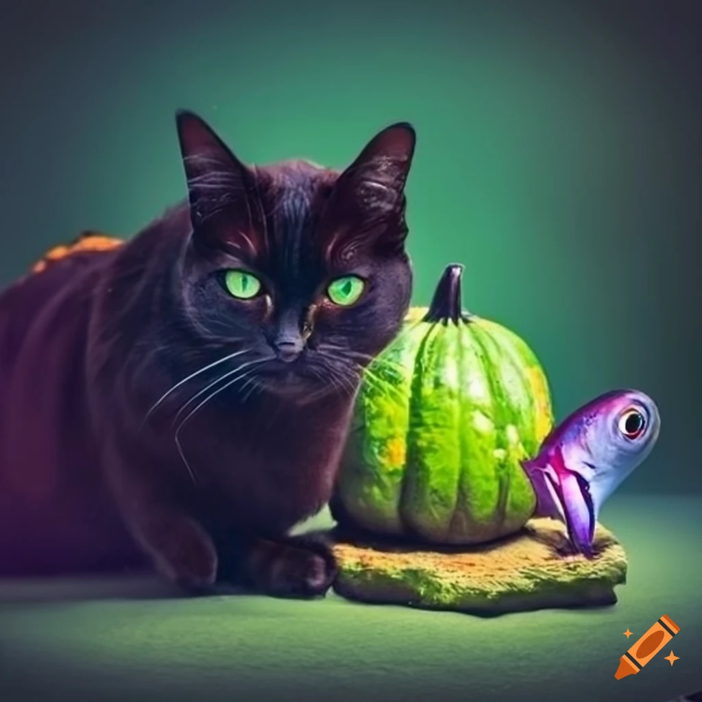 Black cat with pumpkin and fish on Craiyon
