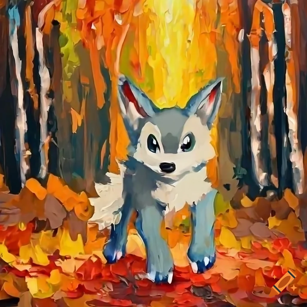 Painting of a pokemon wolf cub in autumn forest