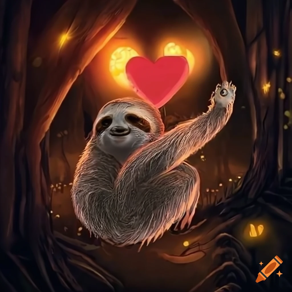 Sloth with a glowing heart in a magical forest